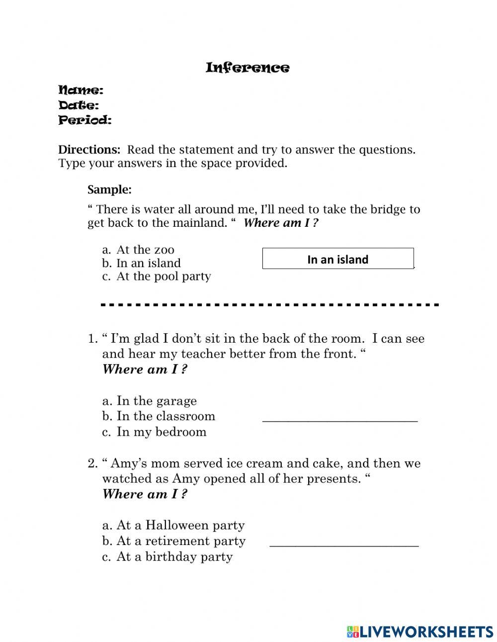 Inferenc worksheet | Live Worksheets