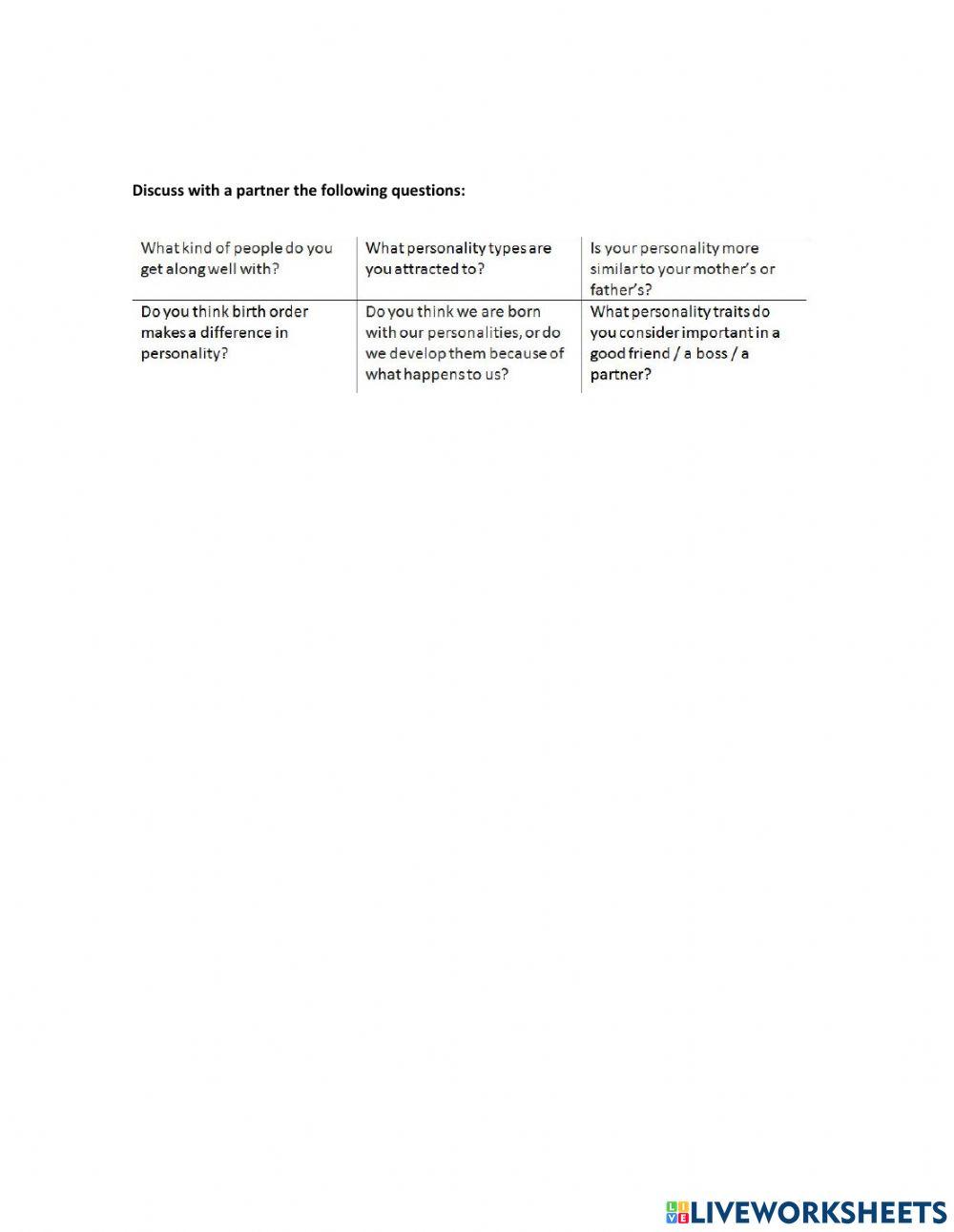 Personality online exercise for | Live Worksheets