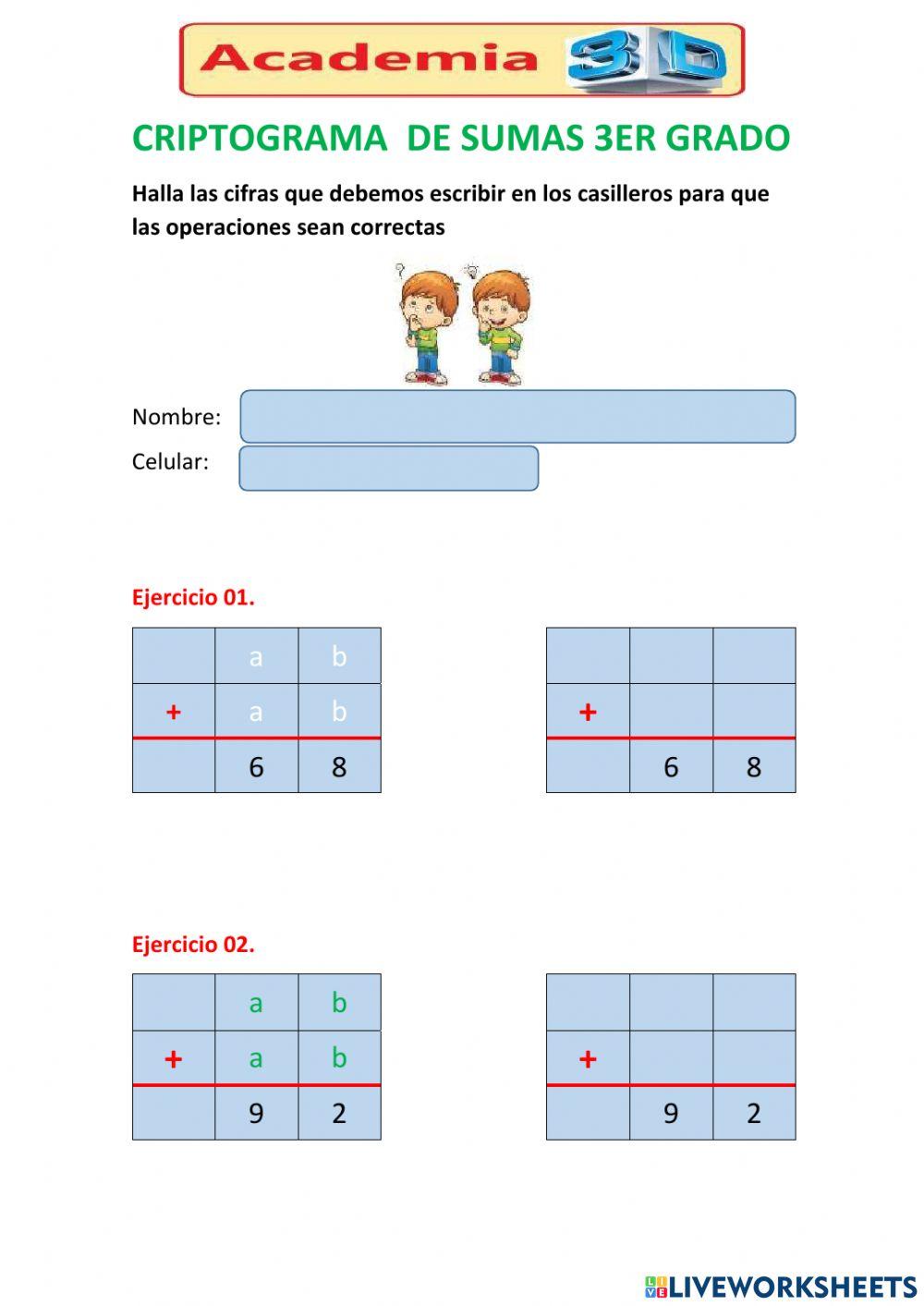 Criptograma de sumas worksheet | Live Worksheets