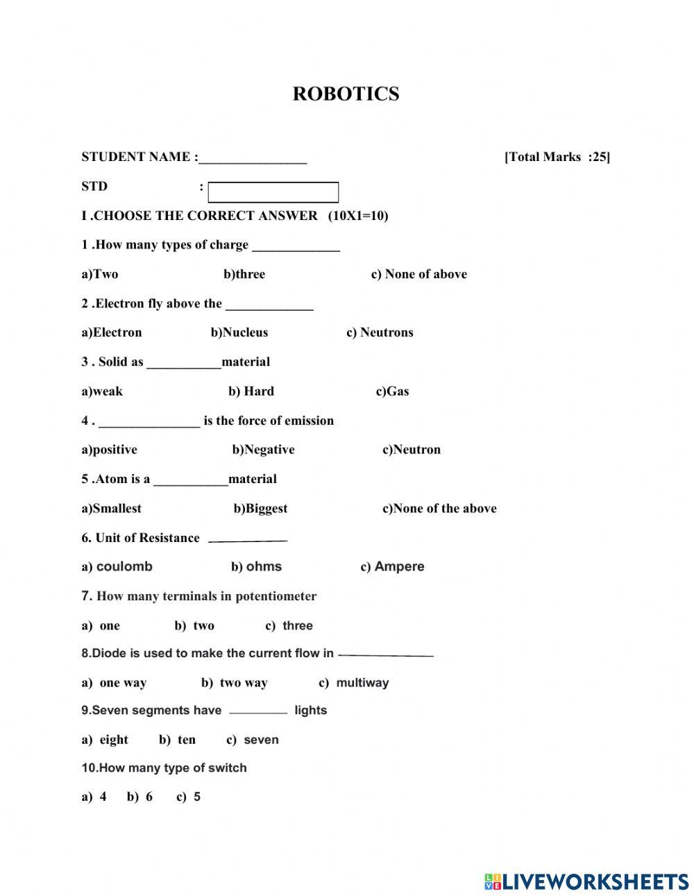 Robotics Test Worksheet Live Worksheets