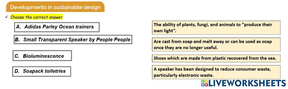 Sustainable designs examples online exercise for | Live Worksheets