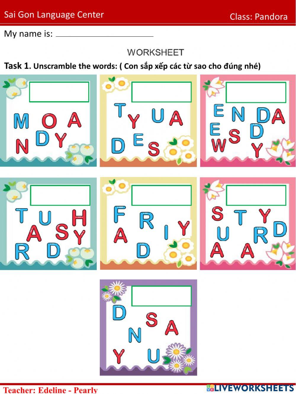 Day of the week interactive activity for Pandora | Live Worksheets