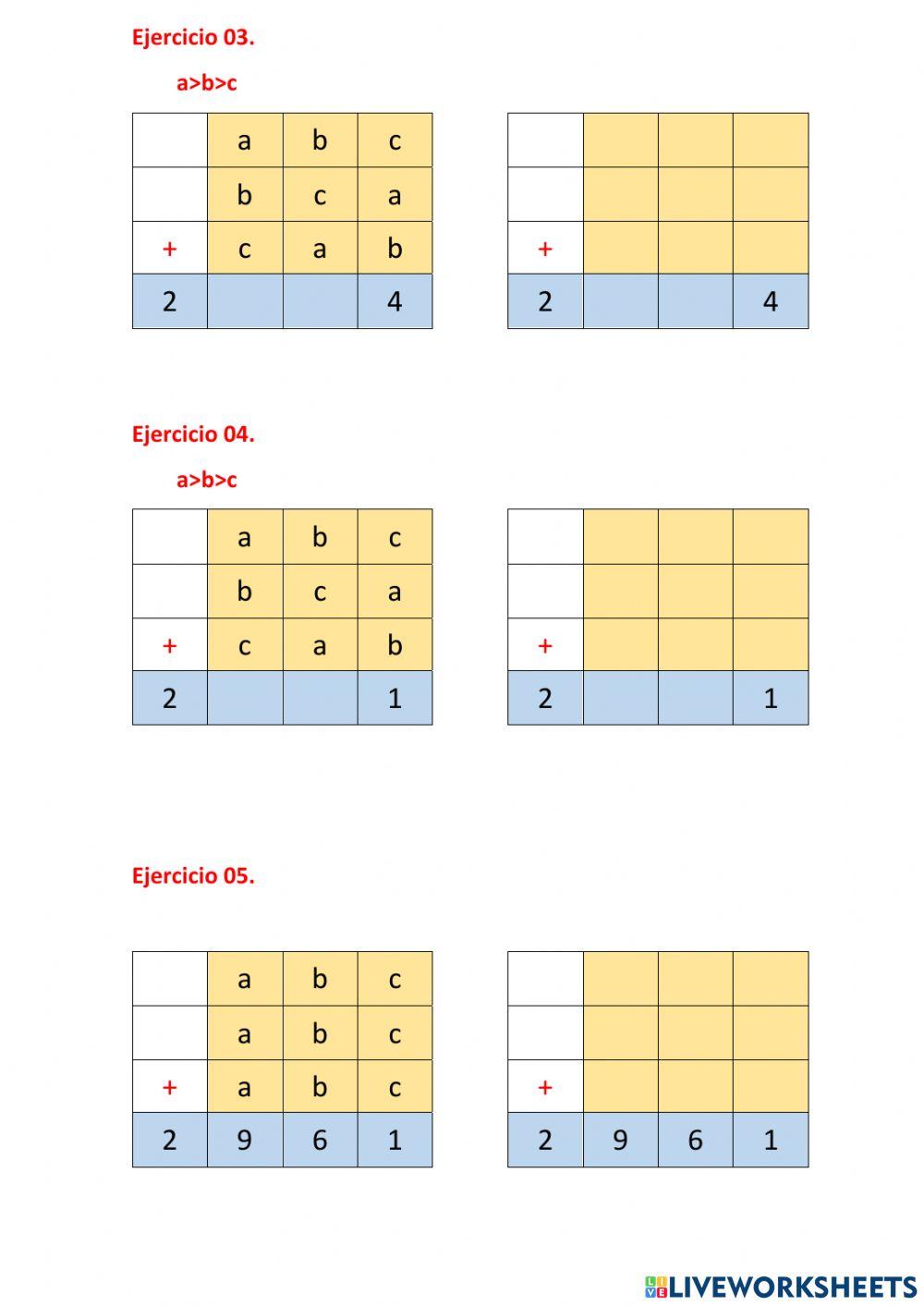 Criptograma de sumas | Live Worksheets
