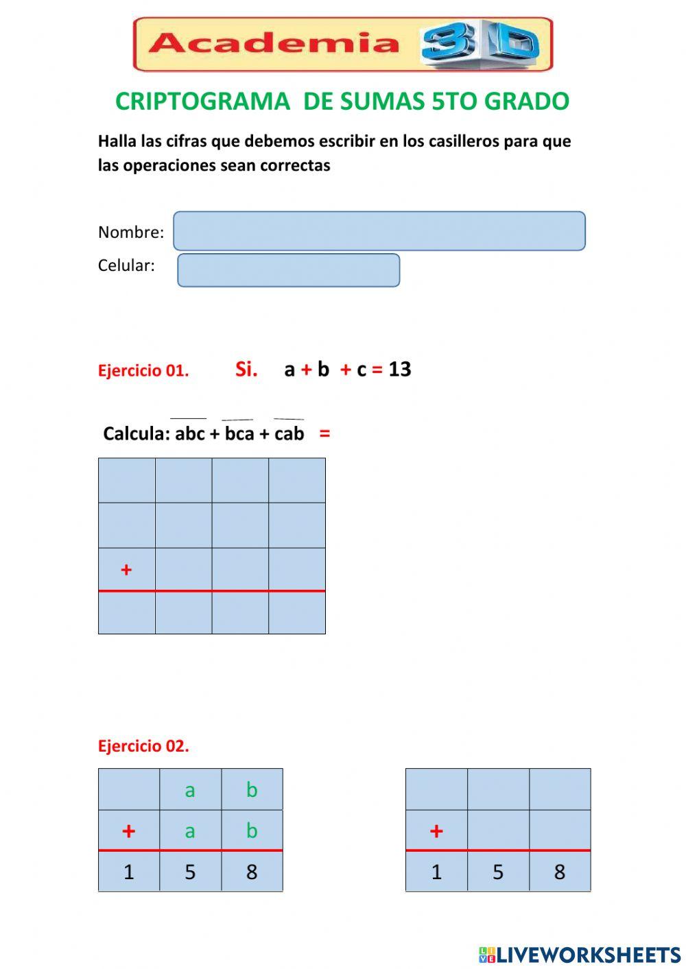 Criptograma de sumas online worksheet | Live Worksheets