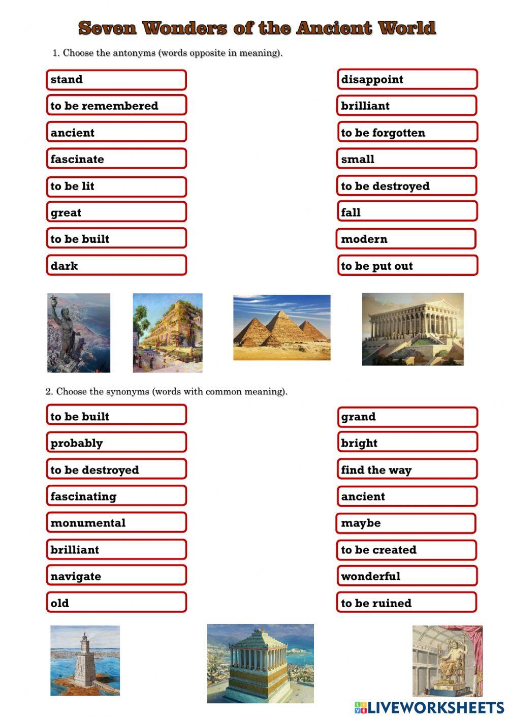 Seven Wonders of the Ancient Word - antonyms synonyms worksheet | Live ...