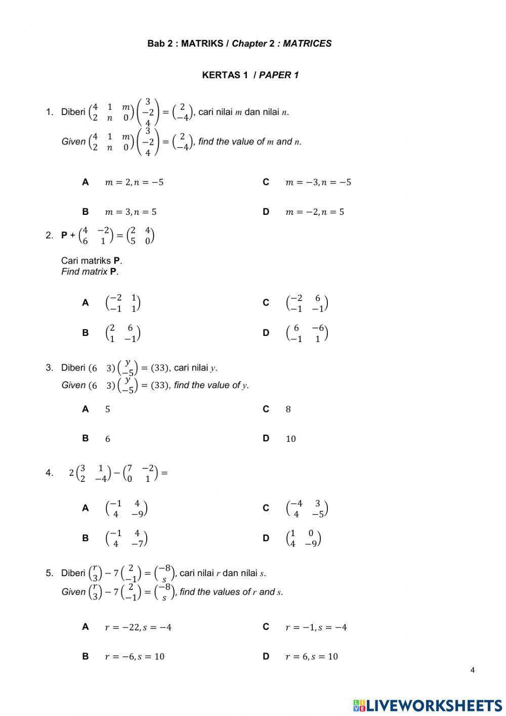 Ulangkaji matriks worksheet | Live Worksheets