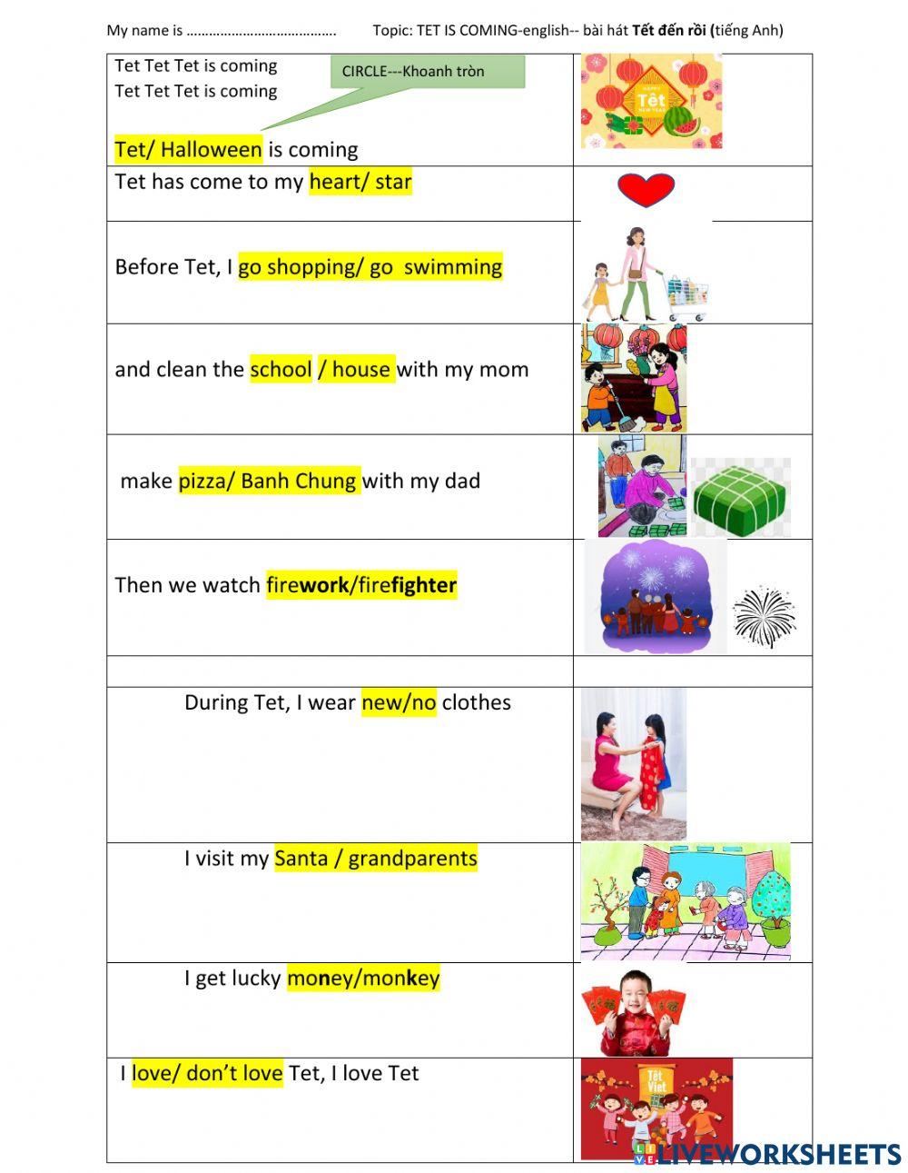 song: Tet is coming online exercise for | Live Worksheets