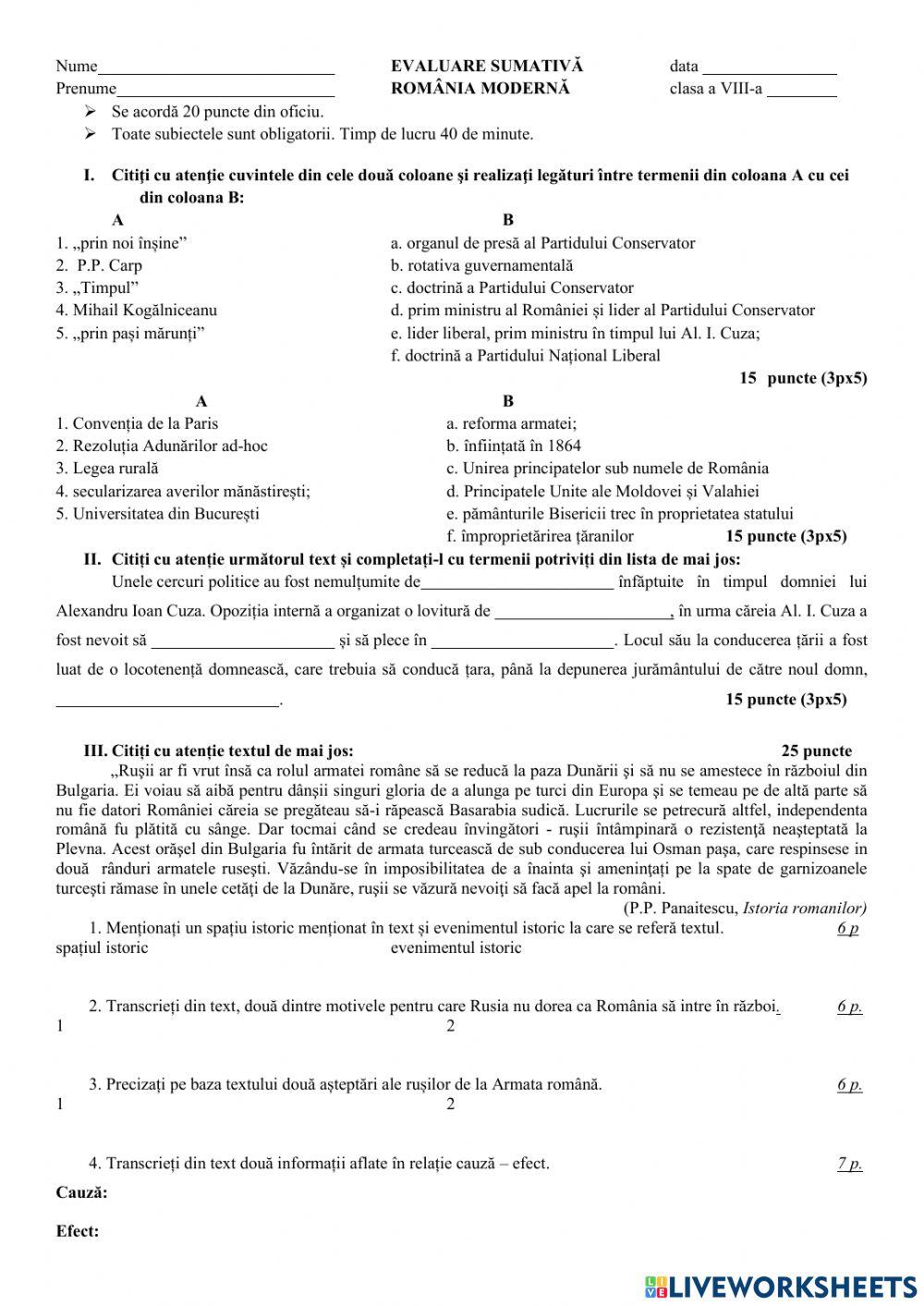 ROMÂNIA MODERNĂ | Sergiu Duma | Live Worksheets