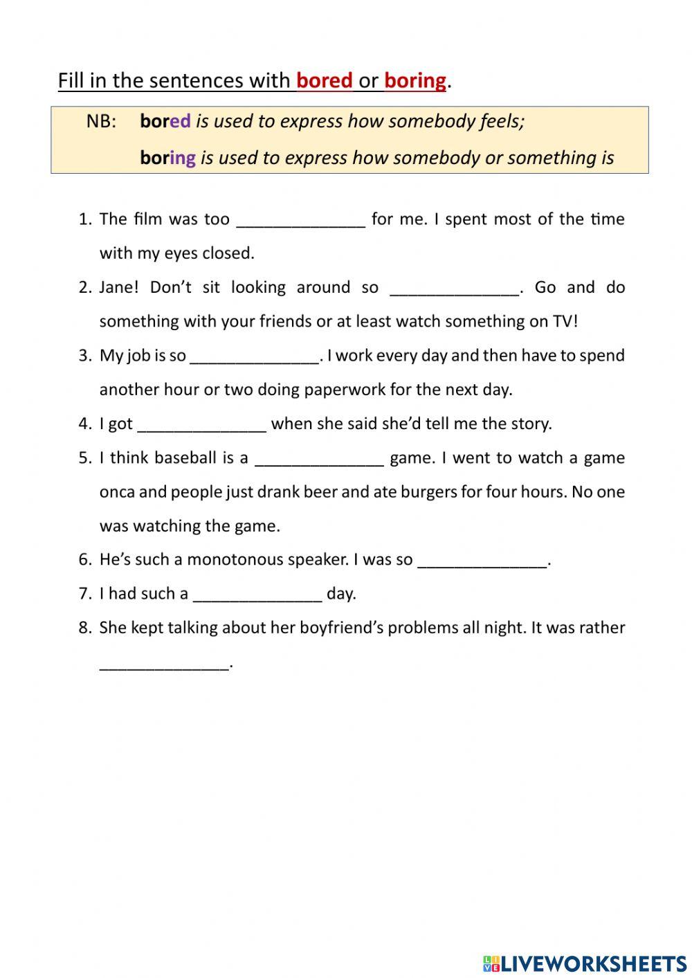 Boring or Bored? | Free Interactive Worksheets | 2260447