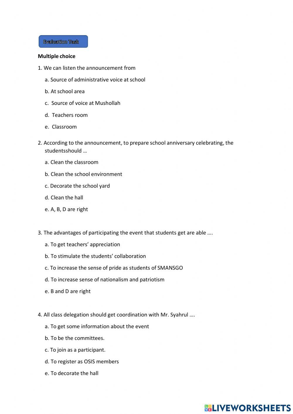 Evaluation online exercise for 8 | Live Worksheets