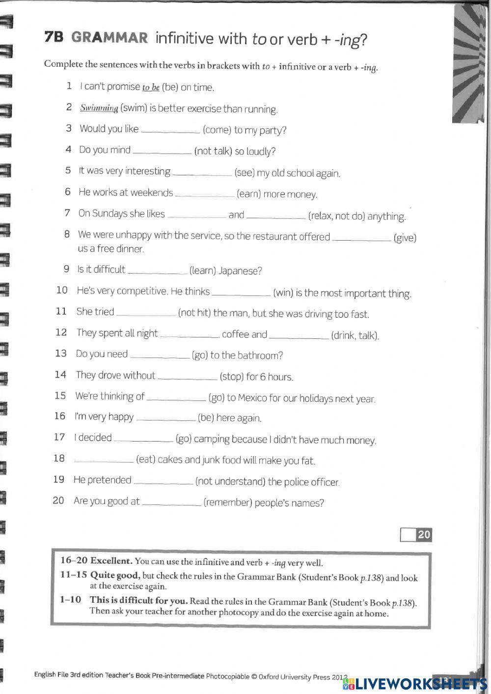 Infinitive or gerund online exercise for | Live Worksheets