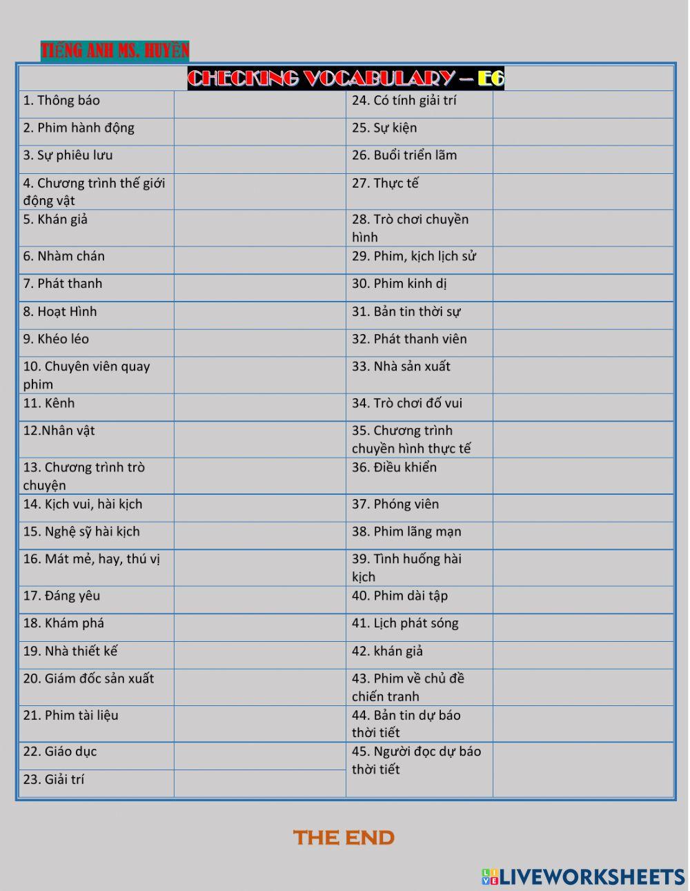 2261438 | E6. unit 7 checking vocabulary | Nguyễn Thị
