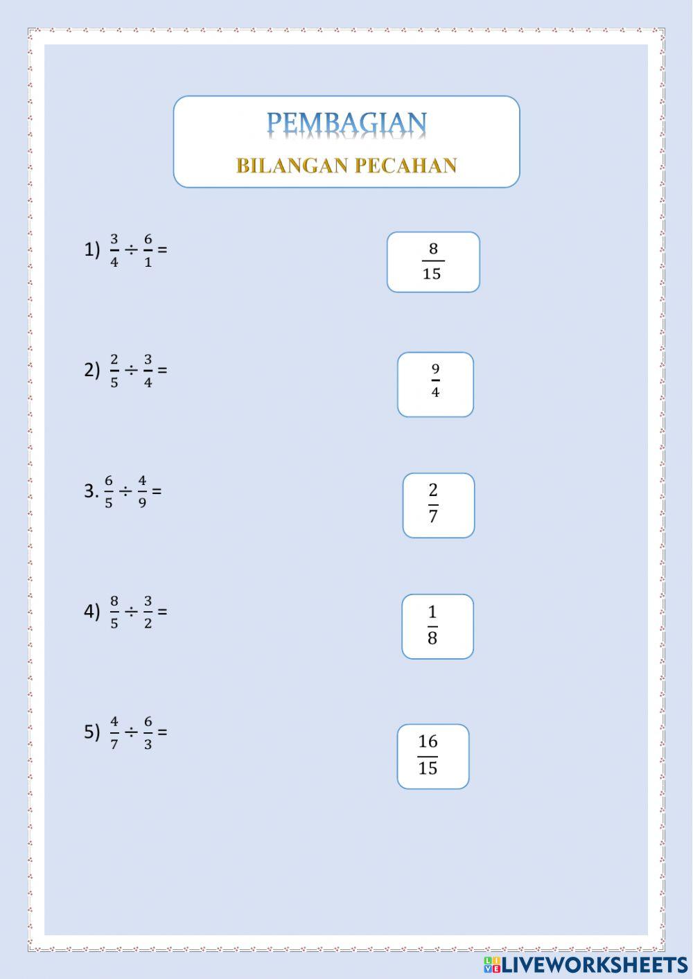 Operasi Hitung Pecahan free online exercise | Live Worksheets