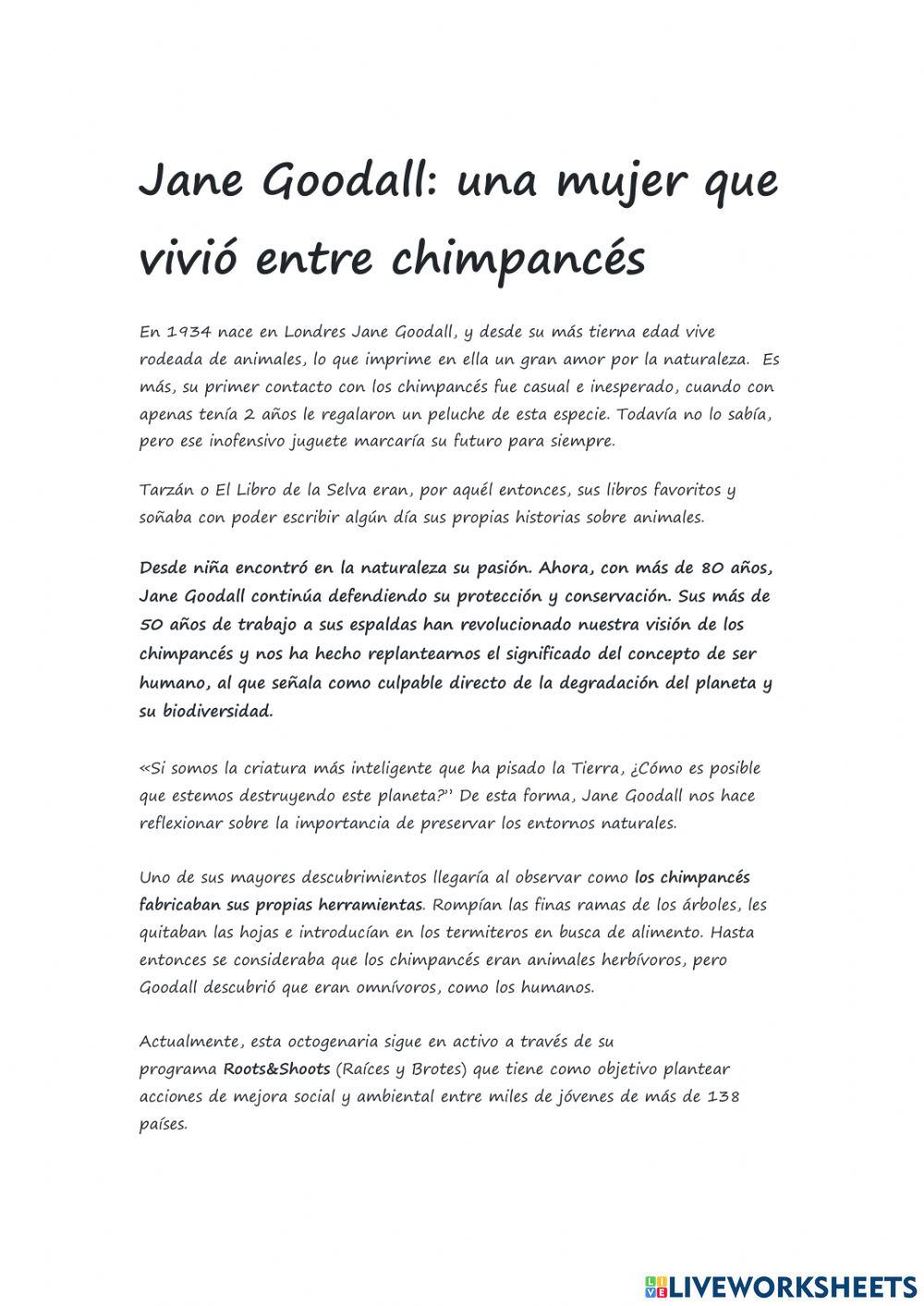 Hoja De Trabajo De Jane Goodall Sabías Que…? Jane Goodall AMPA