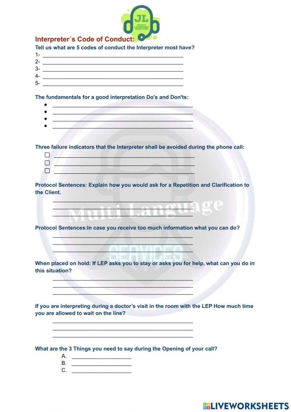 Interpreter´s Code of Conduct. online exercise for | Live Worksheets