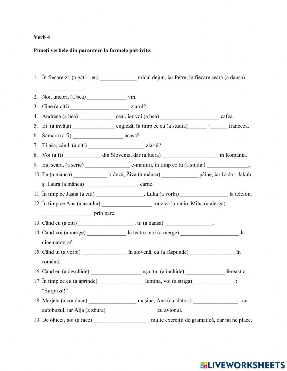 Verbe la prezent interactive worksheet | Live Worksheets