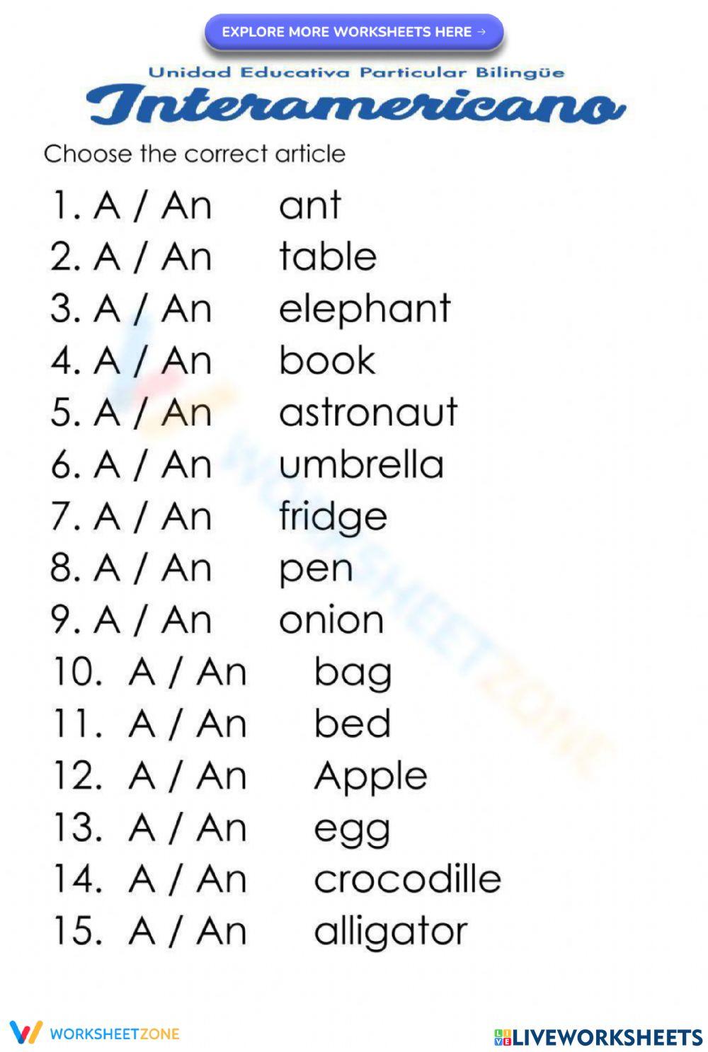 Articles online activity | Live Worksheets
