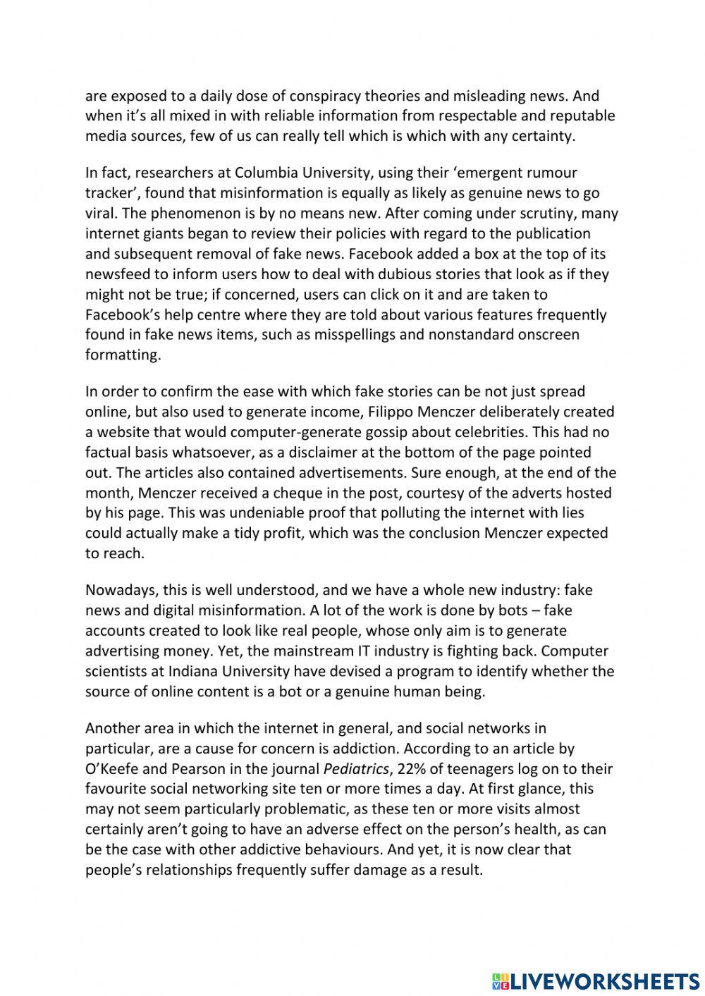 IE3, Unit 7, Reading, Exercise 2 2280981 | AngelsEnglish1