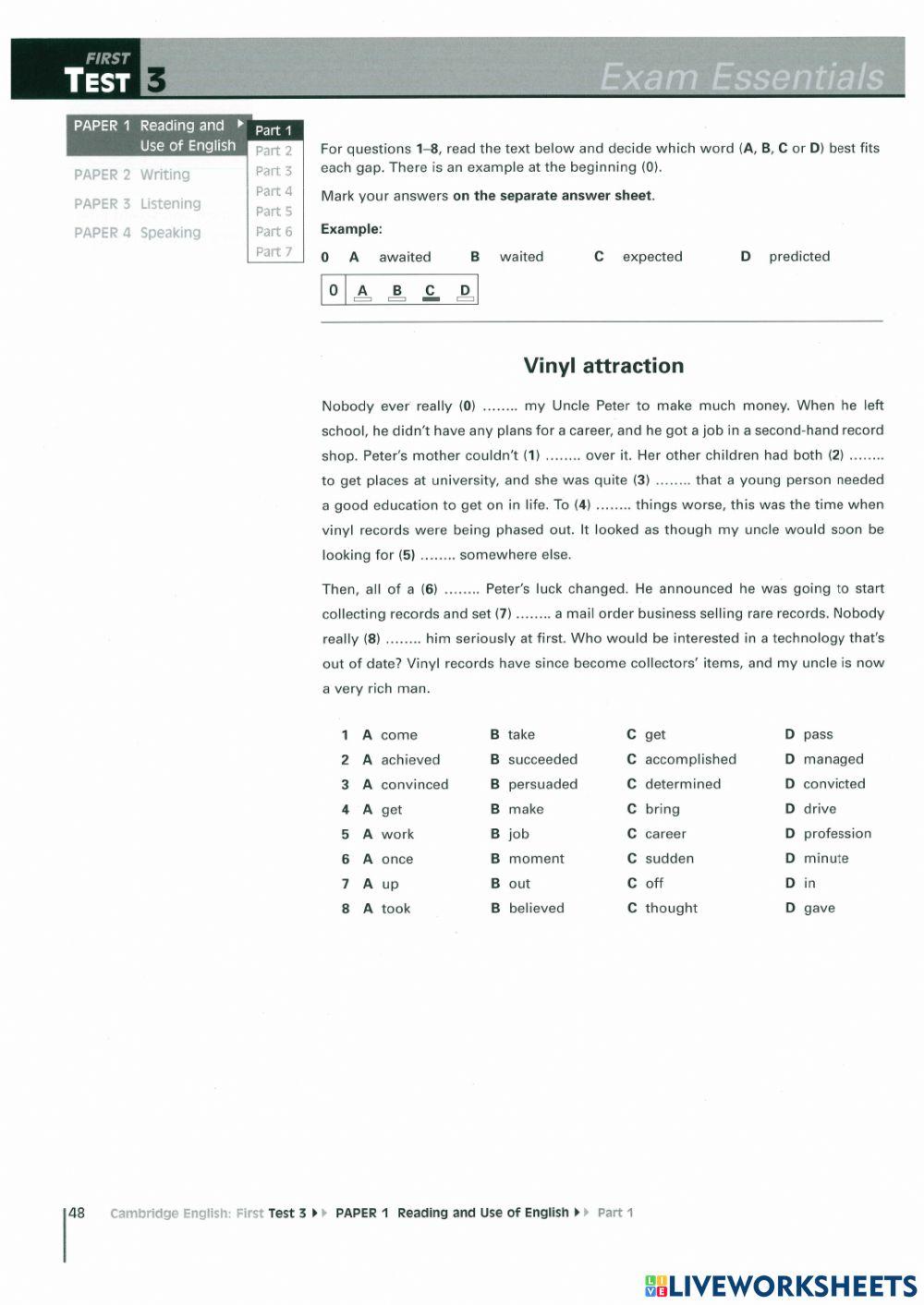 FCE First Essentials 1 Test 3 Parts 1-4 online exercise for | Live ...