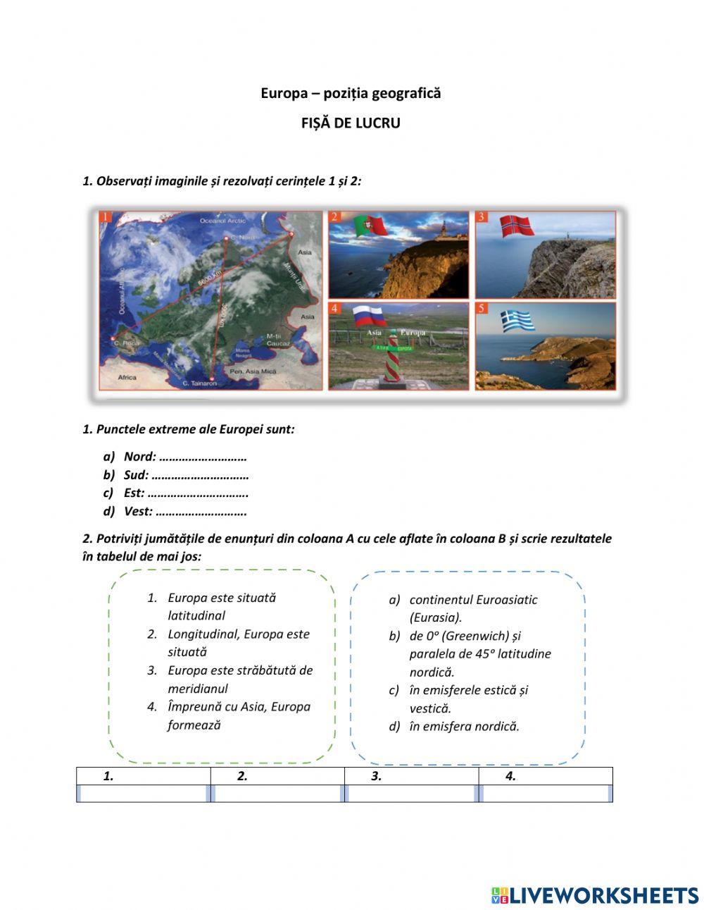 Pozitia Europei worksheet | Live Worksheets
