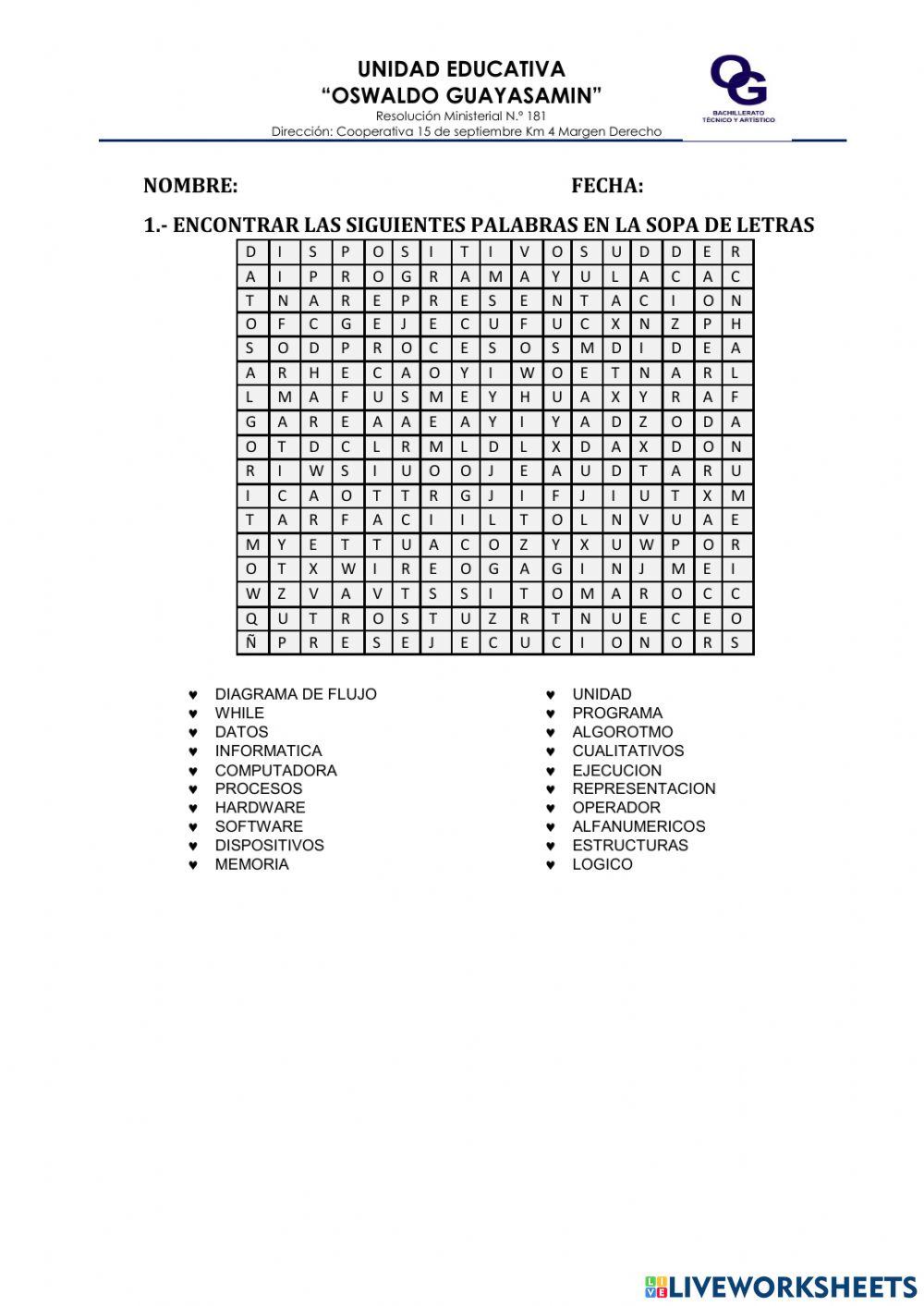 Sopa de letras-unir con líneas(programación) worksheet | Live Worksheets