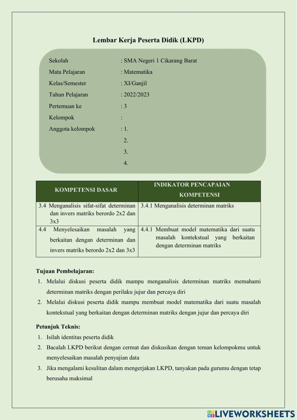 LKPD Determinan Matriks 3 worksheet | Live Worksheets