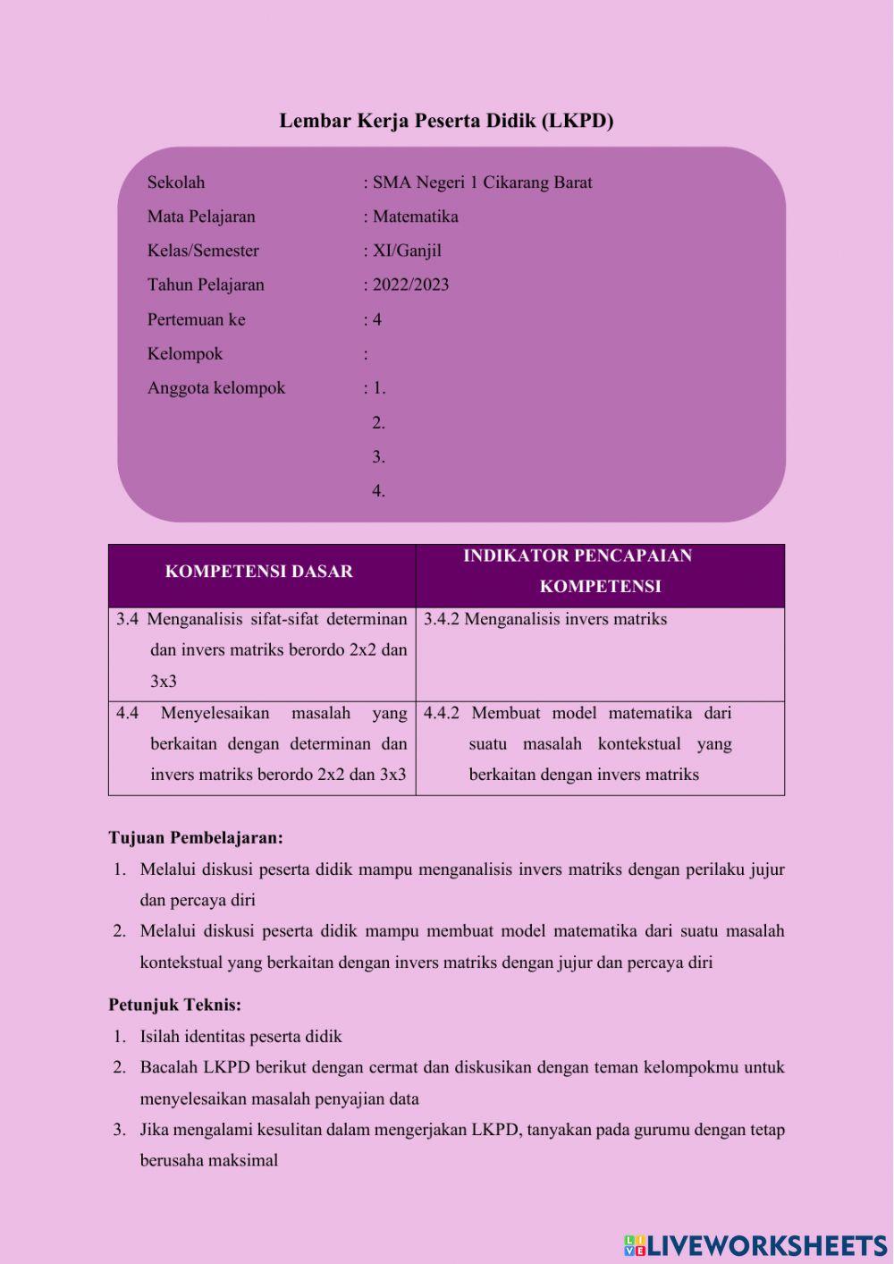 LKPD Invers Mat… | Free Interactive Worksheets | 2289009