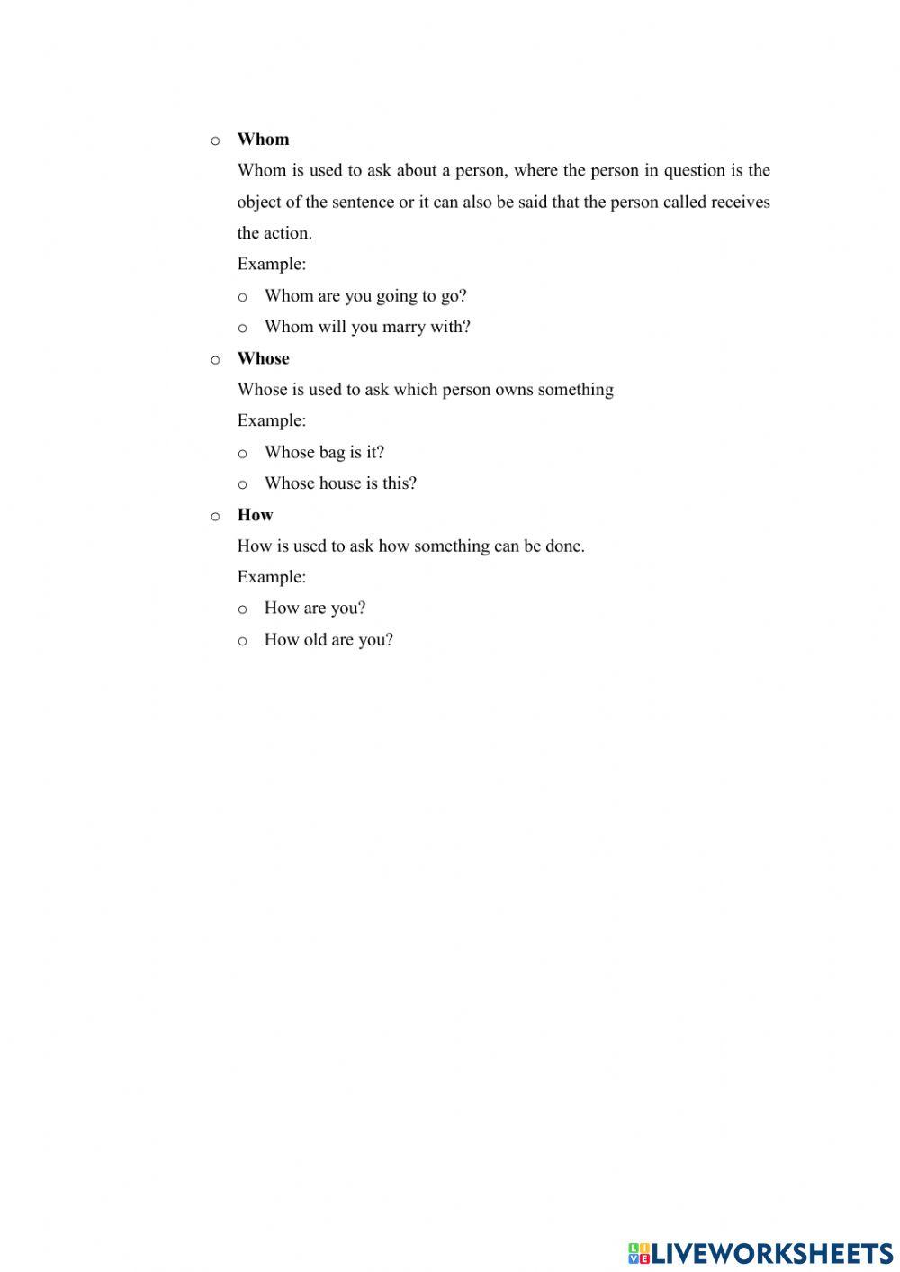 WH Questions | Free Interactive Worksheets | 2289360