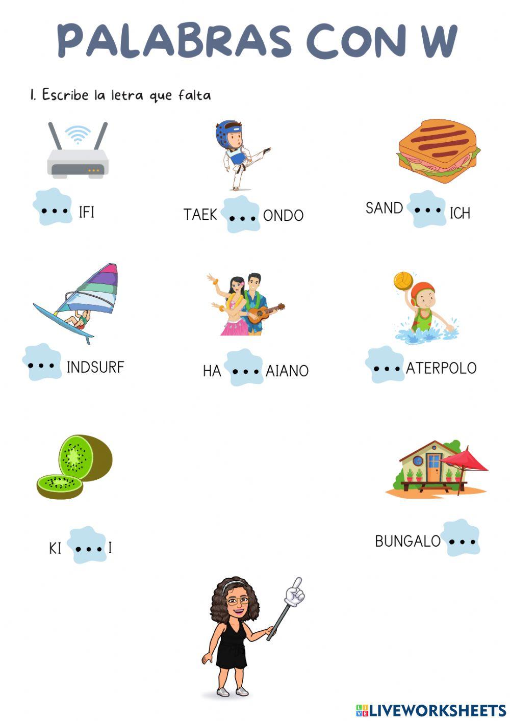 Palabras con w | Free Interactive Worksheets | 2289529