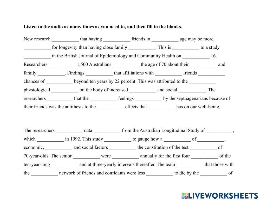 Friends-Good friends, Live Longer Dictation Exercise worksheet | Live ...