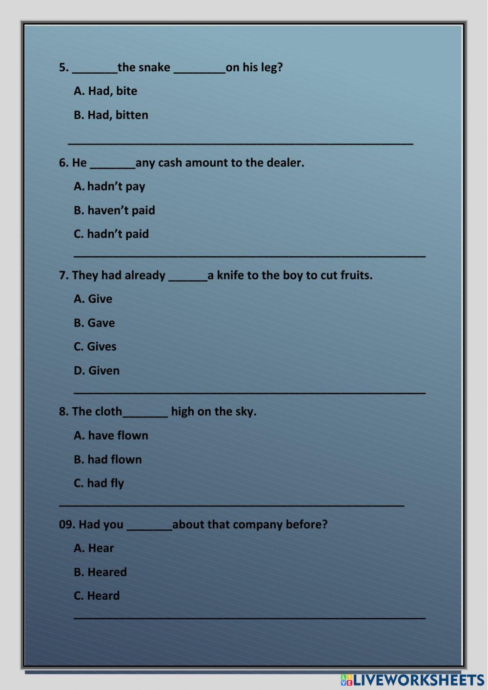 Past perfect tense free activity | Live Worksheets