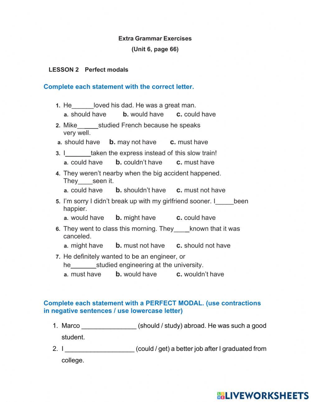 COURSE 11-UNIT 6-PERFECT MODALS online exercise for | Live Worksheets