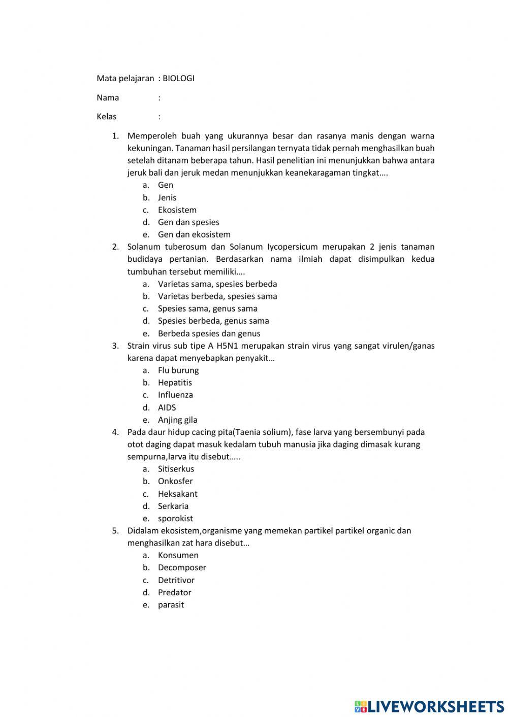 Biologi worksheet for 12 | Live Worksheets