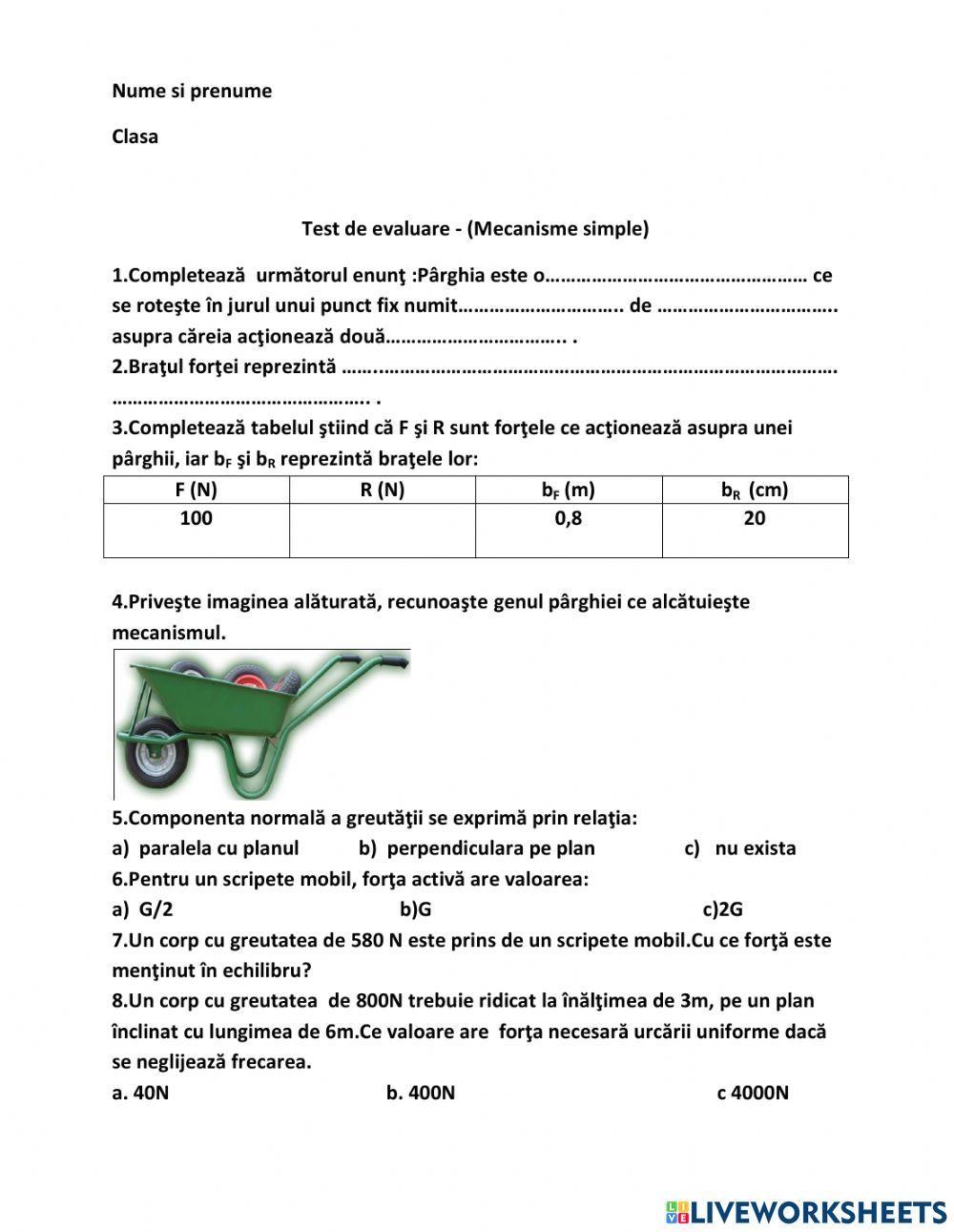 Test-mecanisme simple online exercise for | Live Worksheets