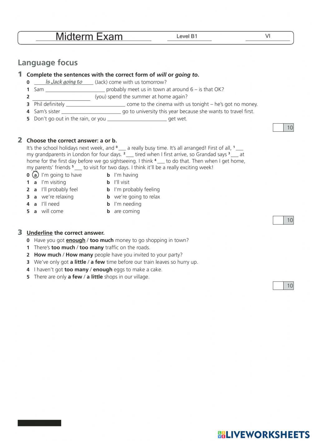 TEO - level B1 - VI midterm exam online exercise for | Live Worksheets