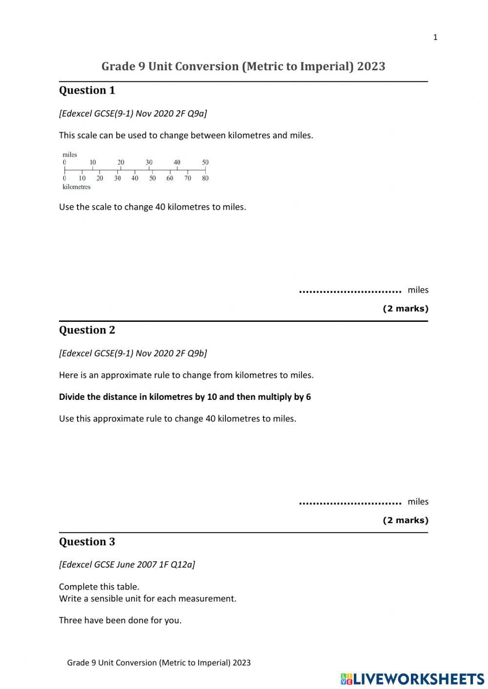 Grade 9 Test on Unit Conversions (Metric to Imperial