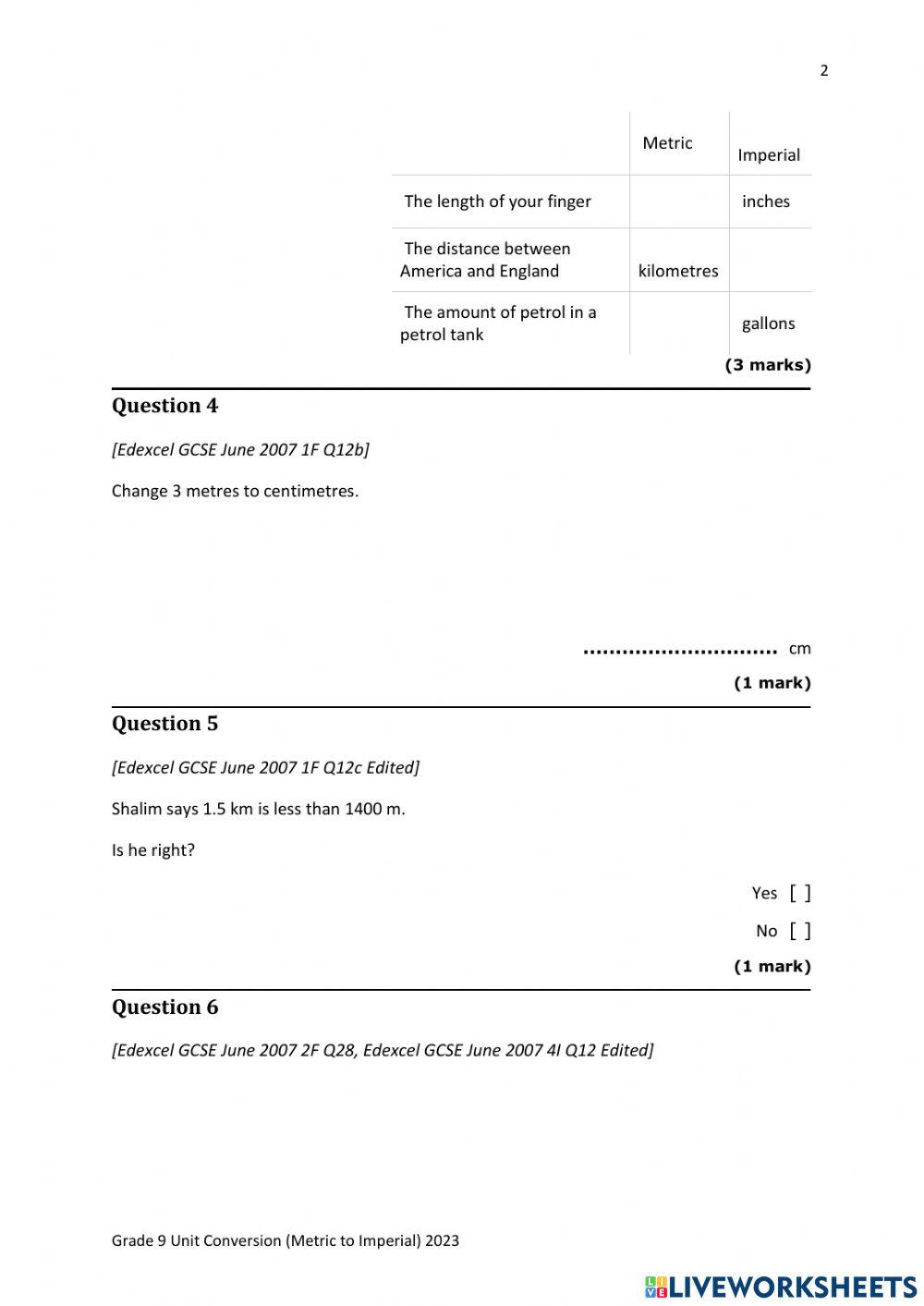 Grade 9 Test on Unit Conversions (Metric to Imperial