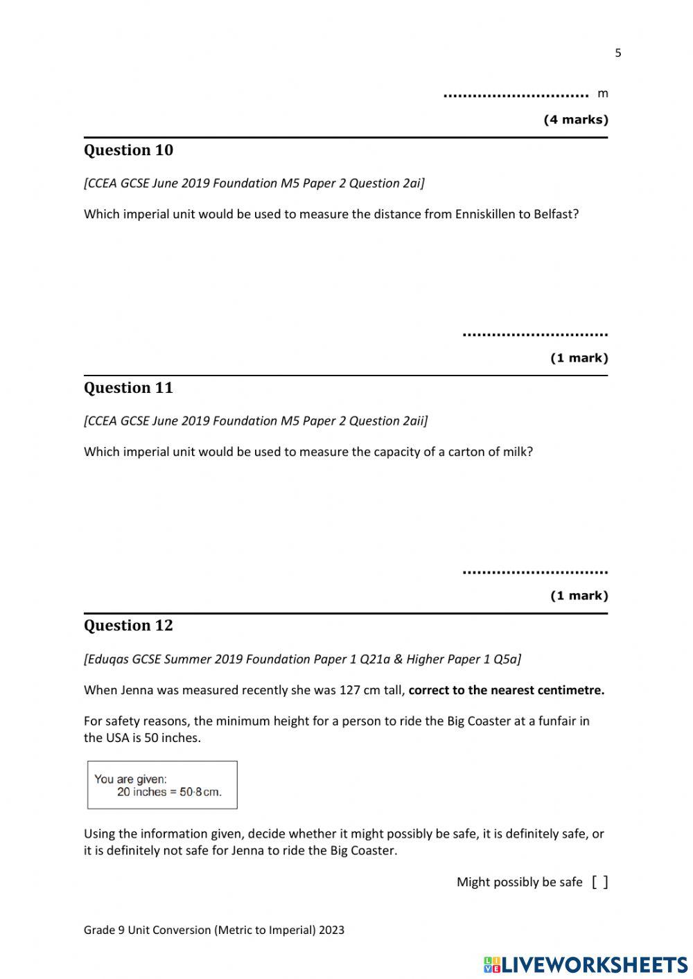 Grade 9 Test on Unit Conversions (Metric to Imperial