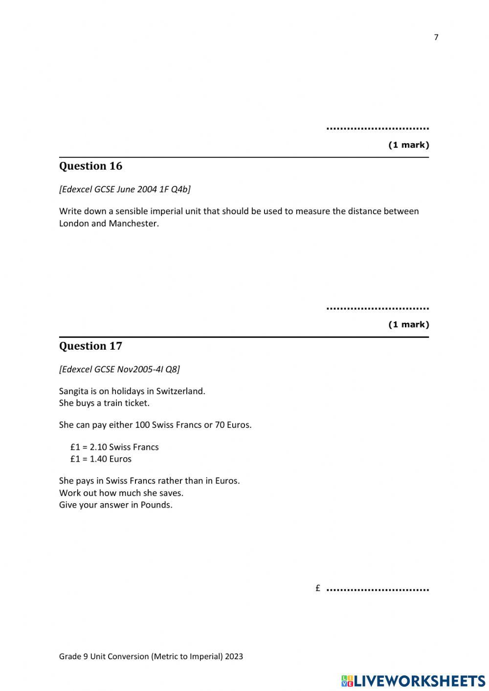 Grade 9 Test on Unit Conversions (Metric to Imperial