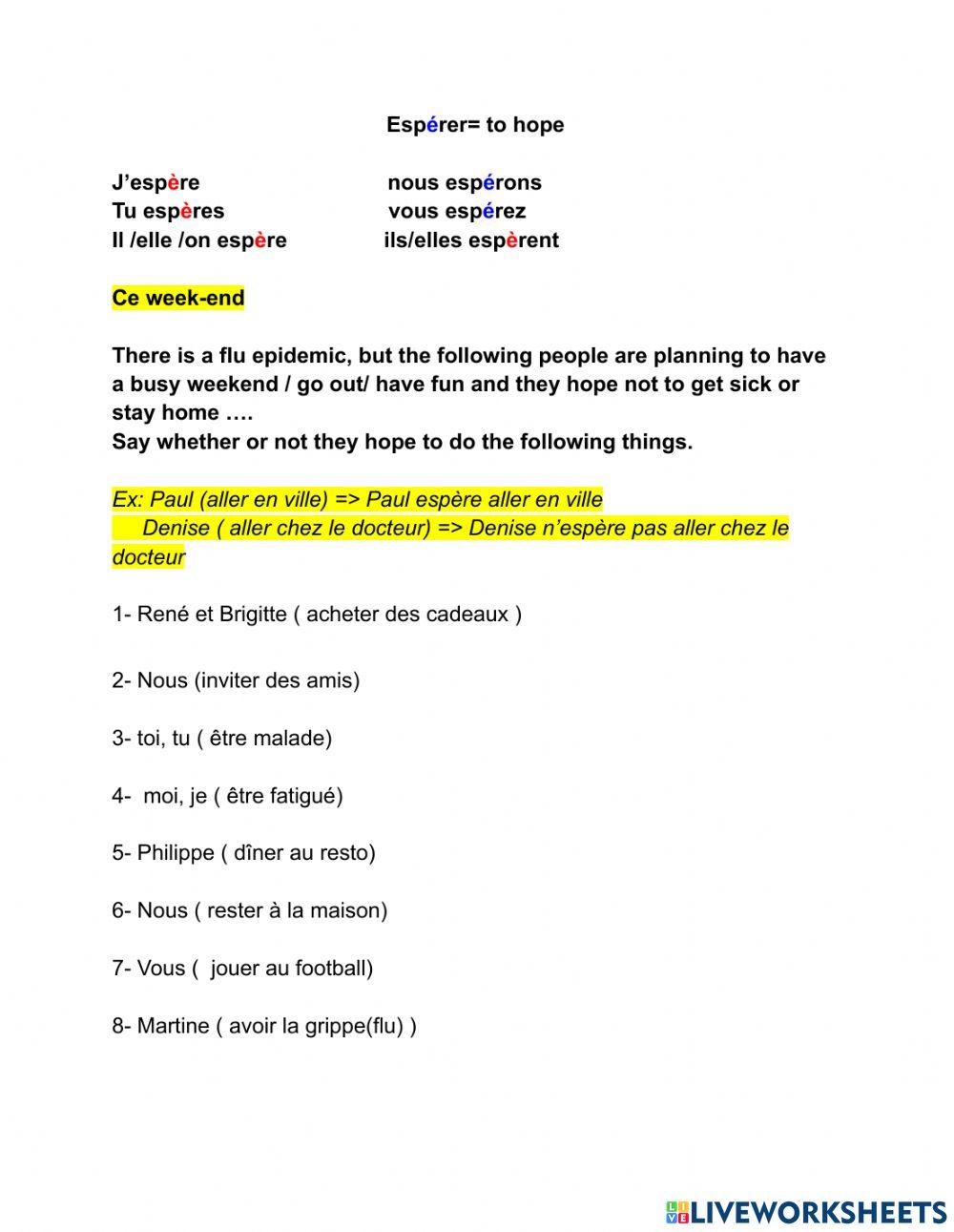 Espérer | Free Interactive Worksheets | 2291742