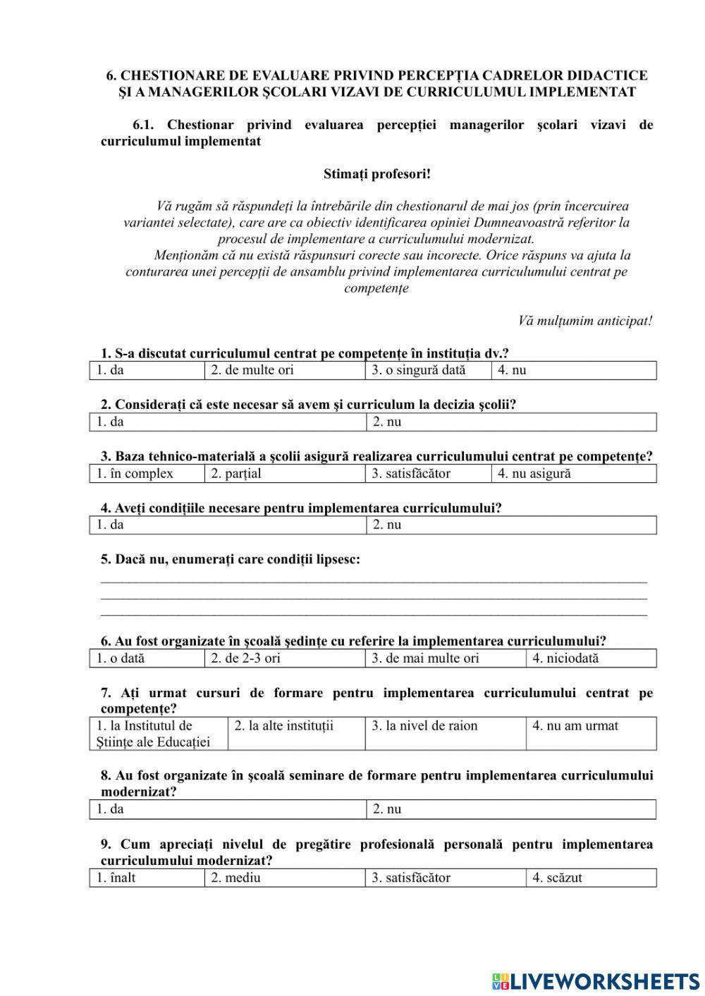 Chestionar profesori worksheet | Live Worksheets