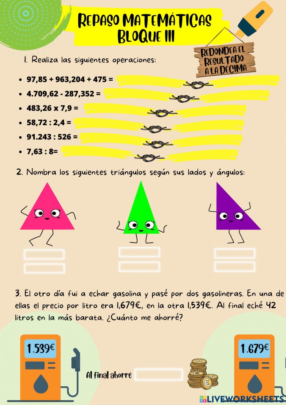 Repaso bloque iii mate worksheet | Live Worksheets