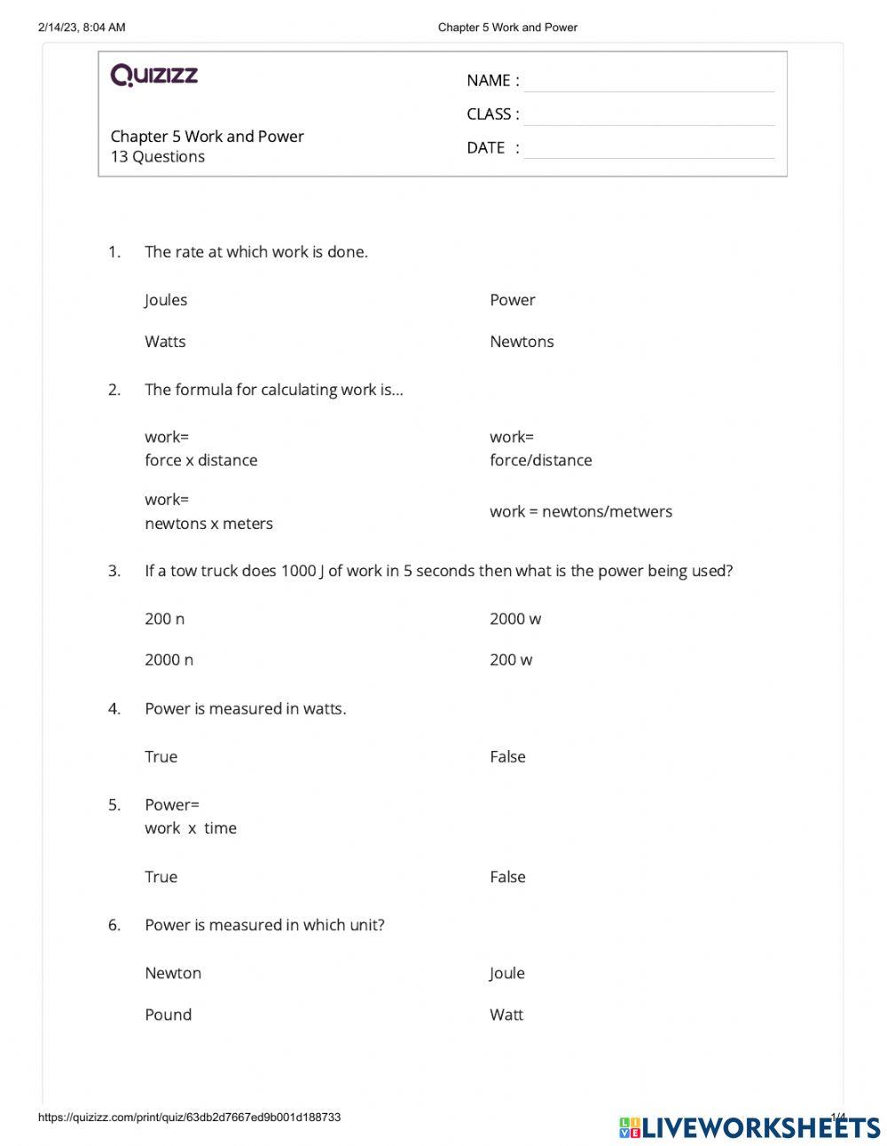 Chapter 5 Work and Power worksheet | Live Worksheets