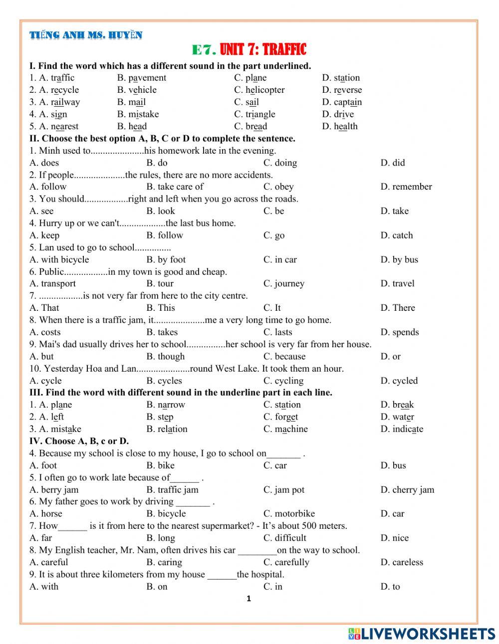 E7. unit 7-traf… | Free Interactive Worksheets | 2292405