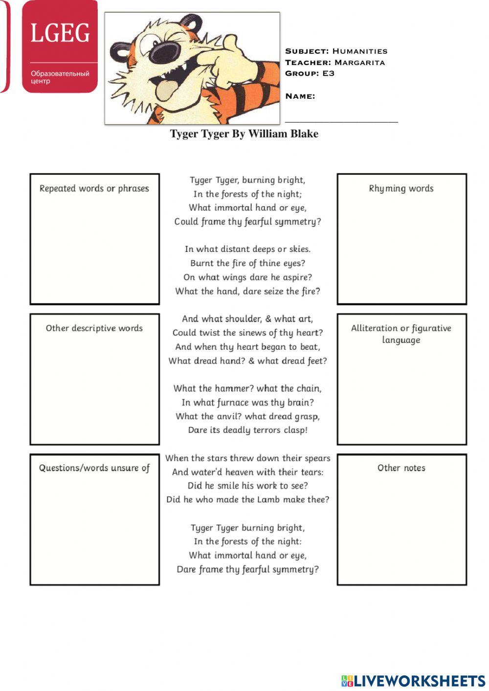 E3-HW-tyger | Free Interactive Worksheets | 2292391