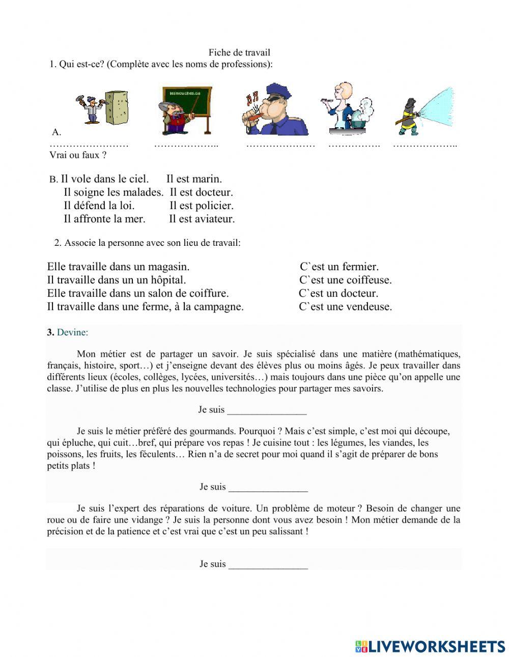 Les métiers | Free Interactive Worksheets | 2293253