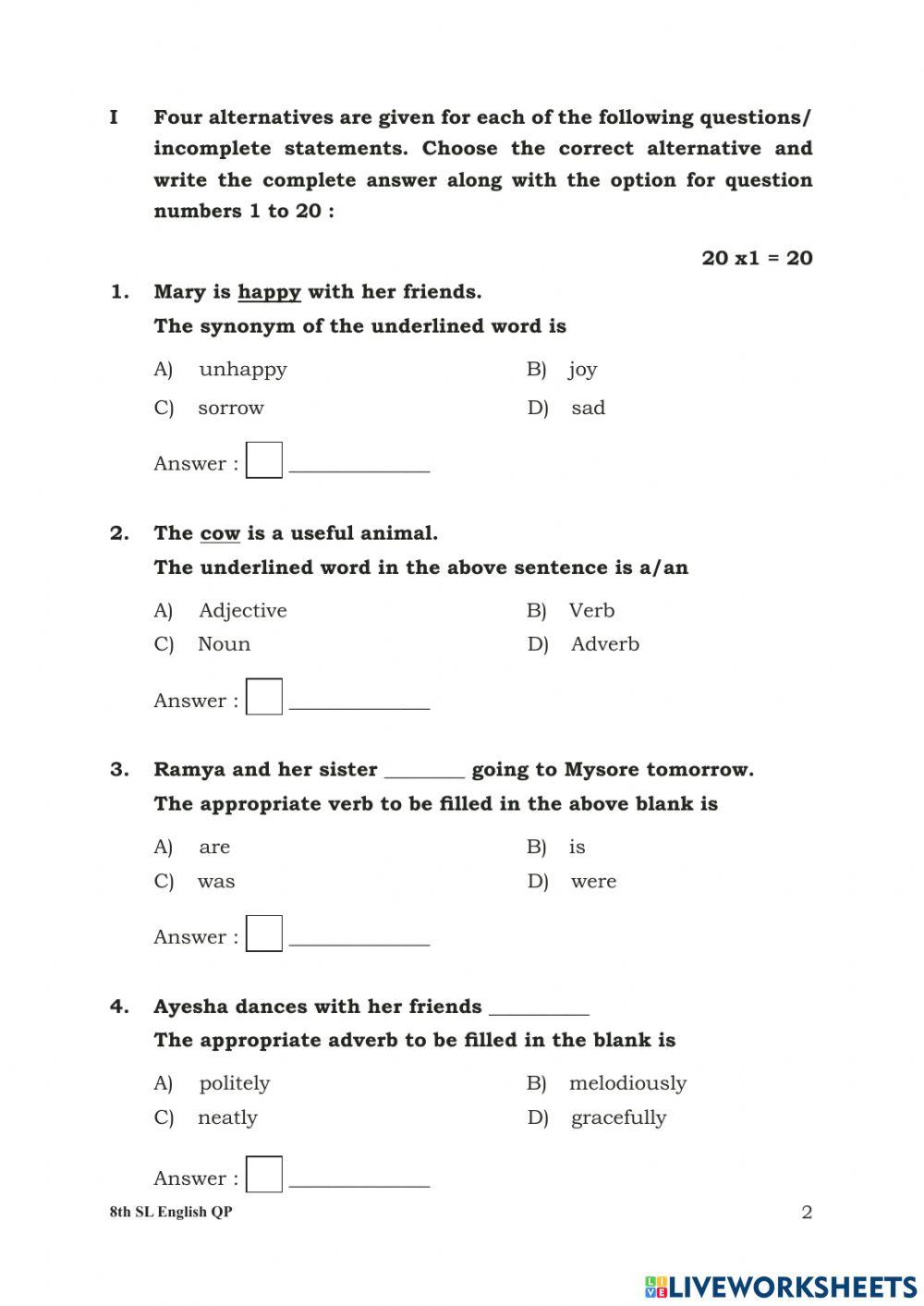 English Model Paper 8th worksheet | Live Worksheets