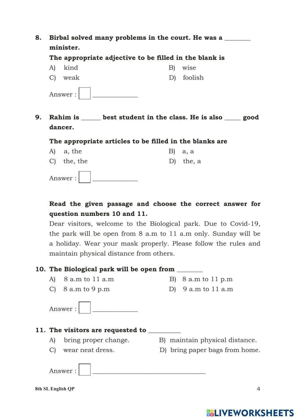 English Model Paper 8th 2293274 | PRASANNA KUMAR SHETTY