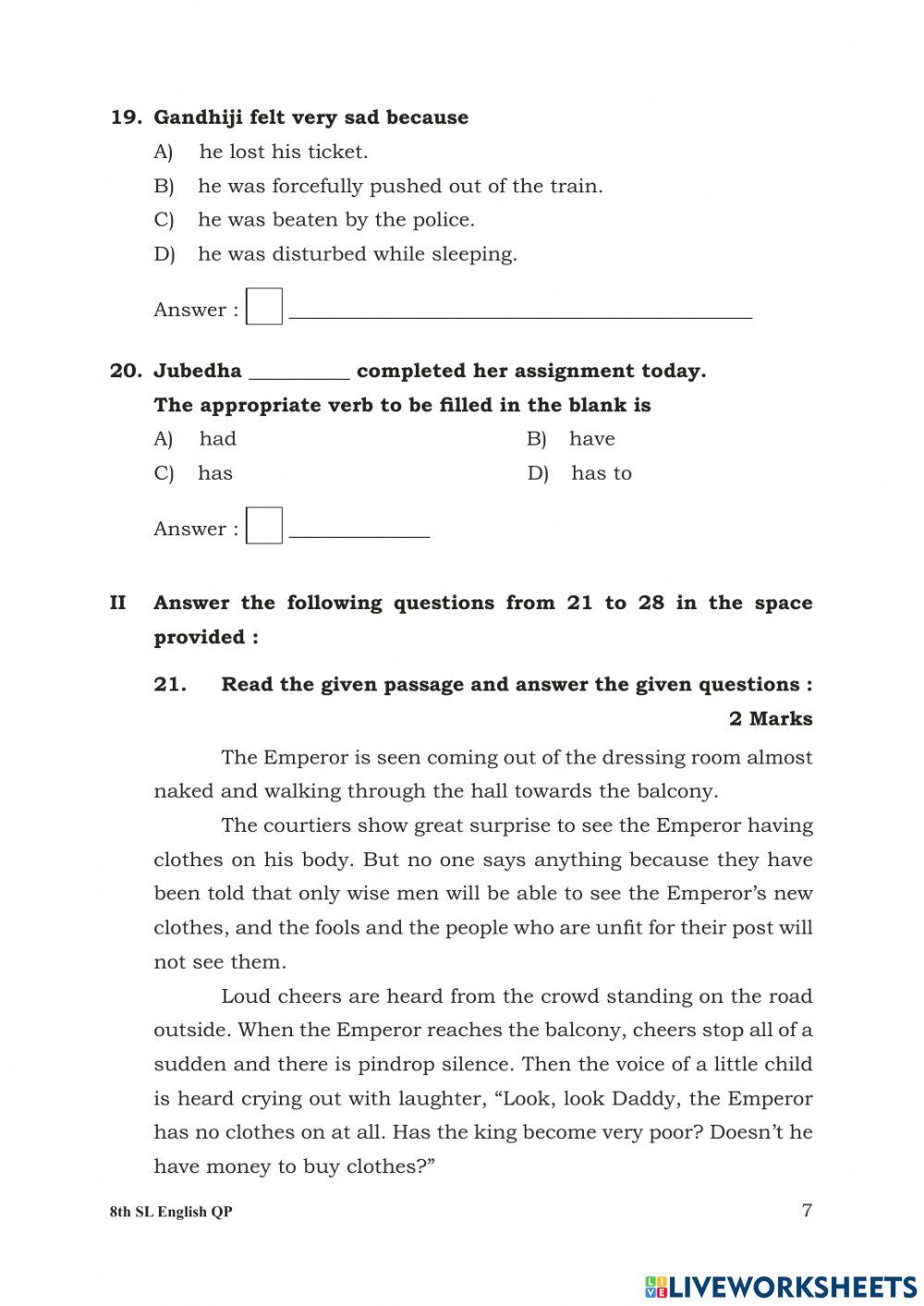 English Model Paper 8th 2293274 | PRASANNA KUMAR SHETTY