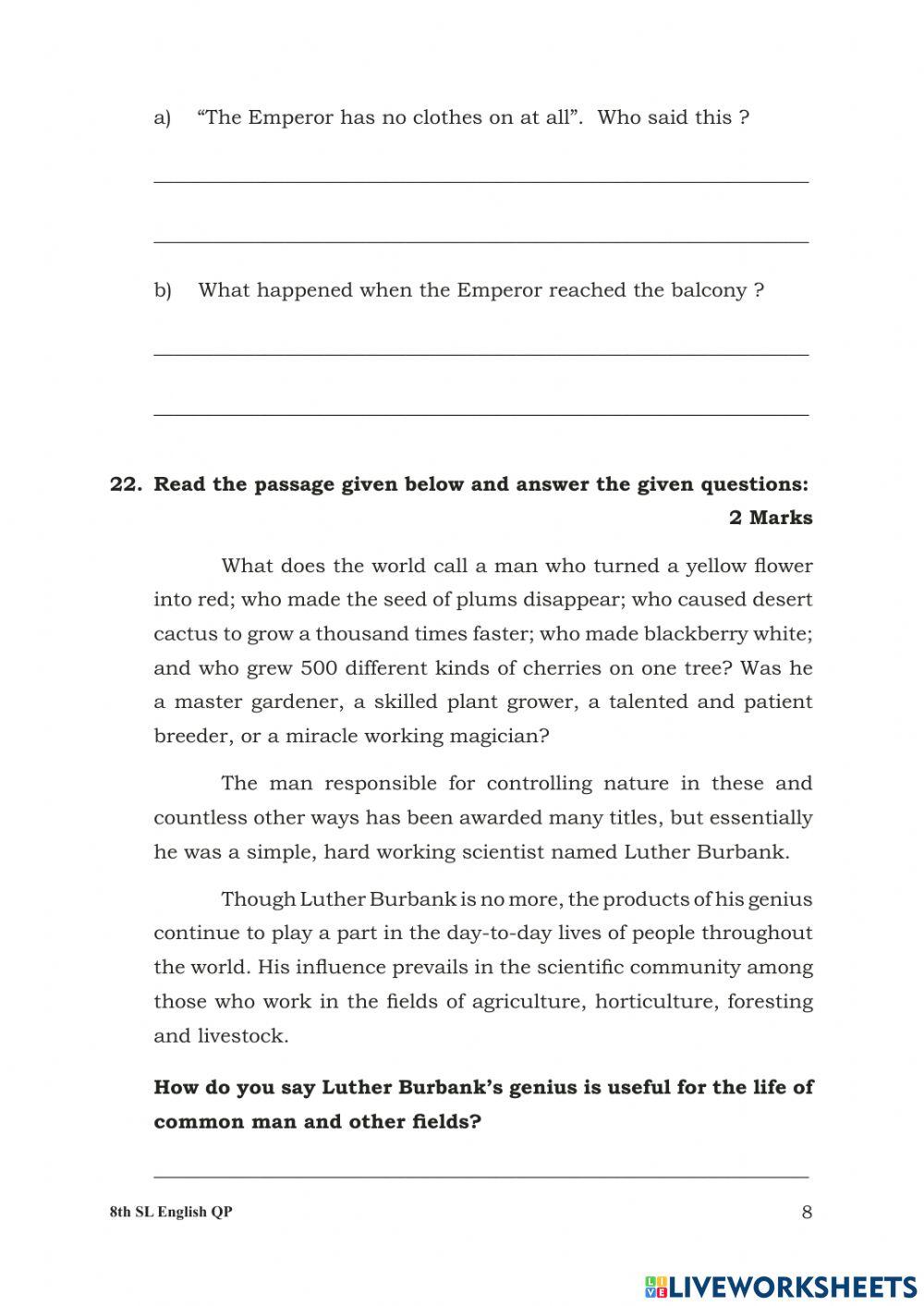 English Model Paper 8th 2293274 | PRASANNA KUMAR SHETTY